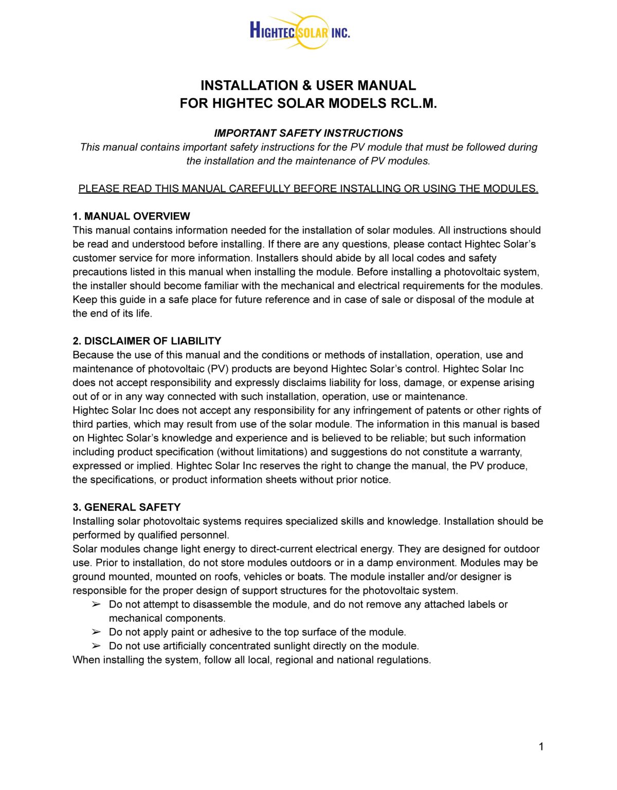 Installation Manual - Hightec Solar - America’s Solar Panel Manufacturer